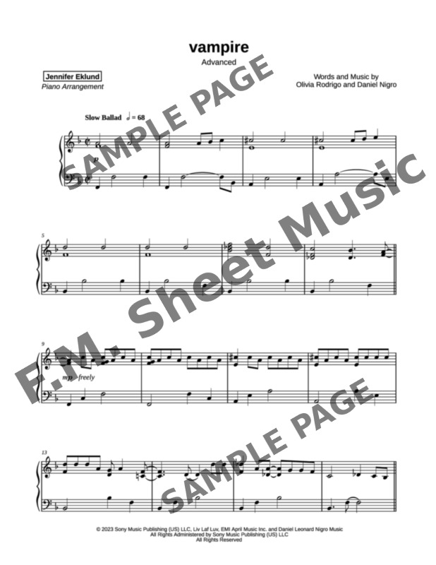 Vampire (Advanced Piano) By Olivia Rodrigo - F.M. Sheet Music - Pop Arrangements by Jennifer Eklund